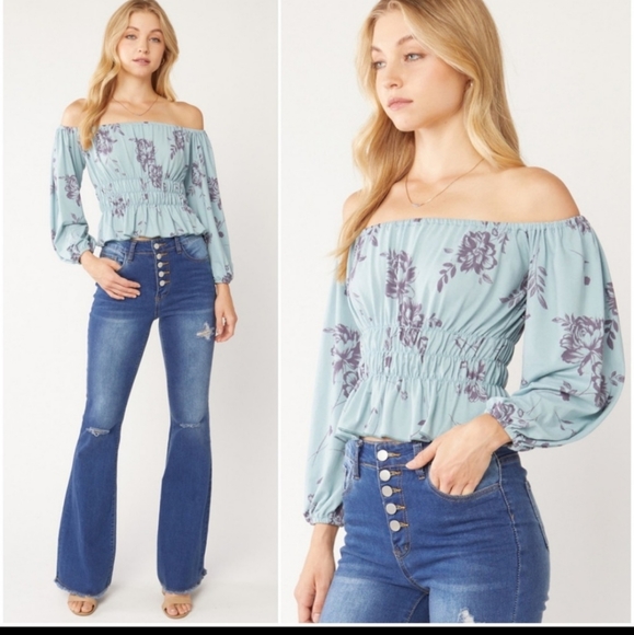 Tops | Cottagecore Off Shoulder Floral Top Ruched Waist Renaissance ...